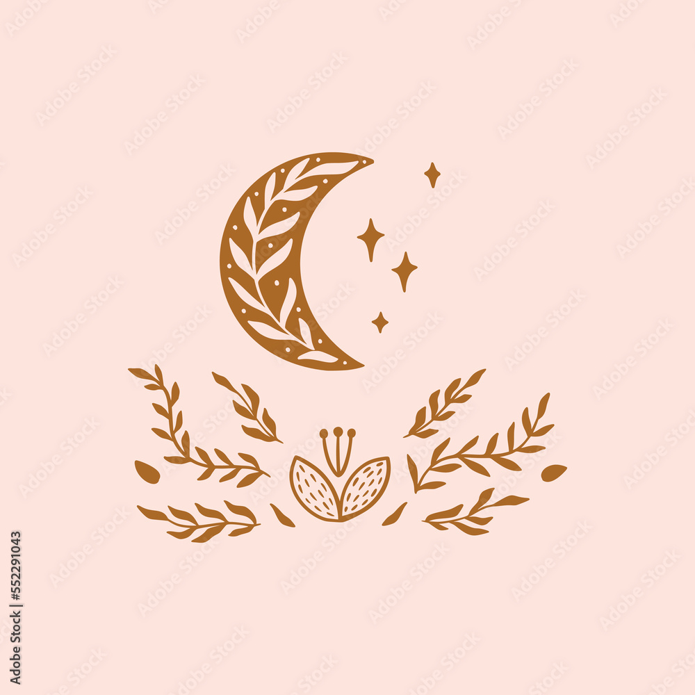 Floral Half Moon vector Illustration. Trendy linocut celestial shapes ...