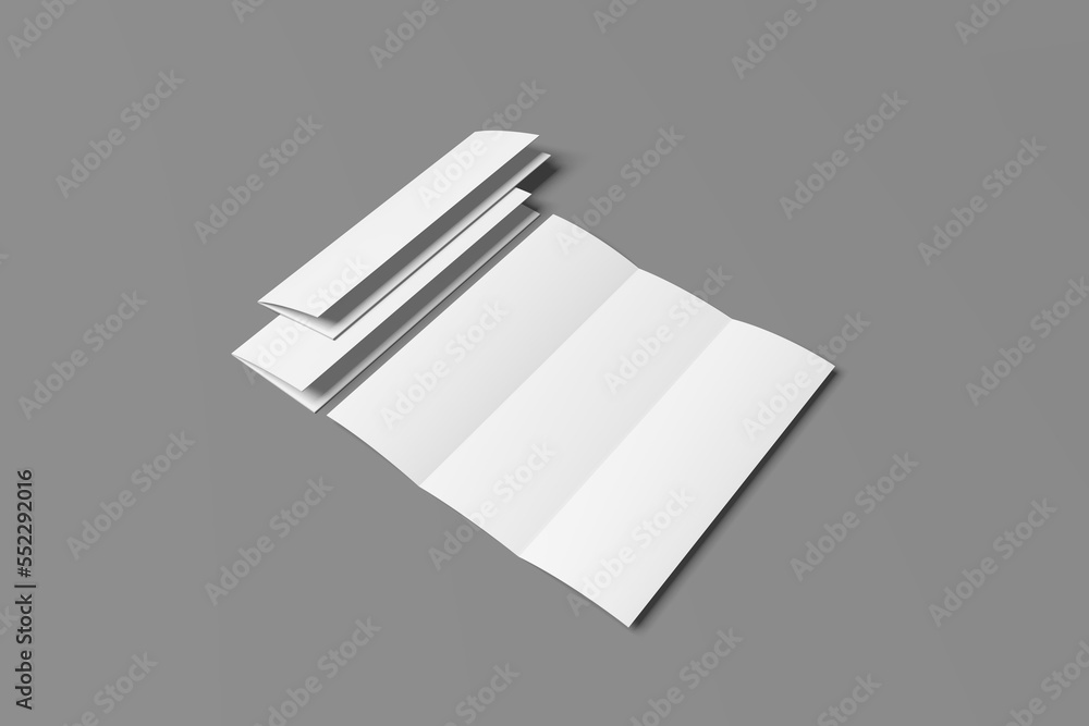 3D realistically rendered tri-fold brochure mockup drawing. Brochure ...