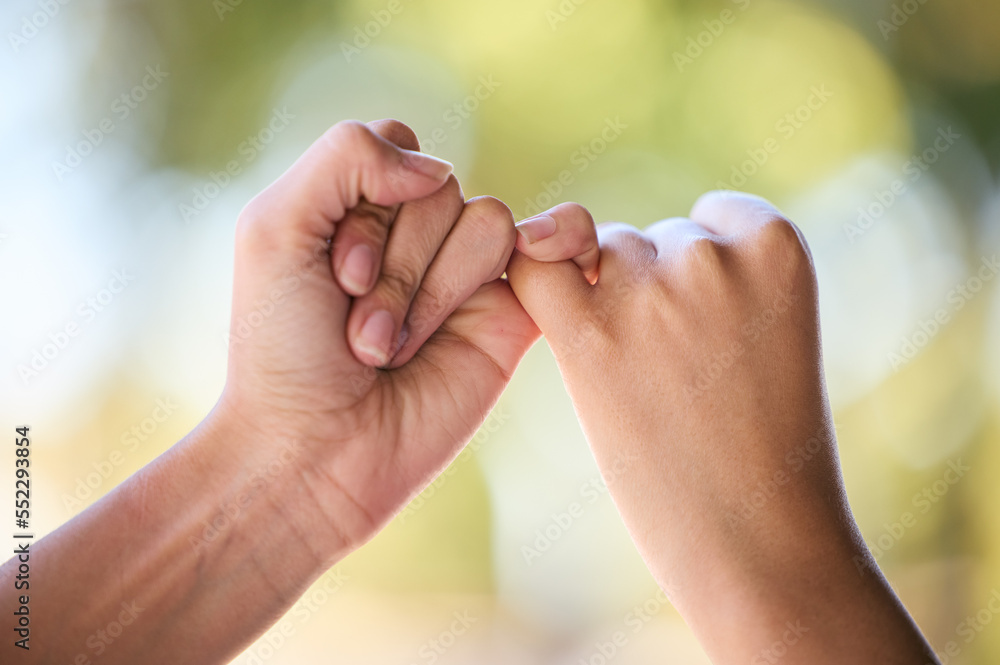 People, promise and fingers for support, trust and love connection in ...