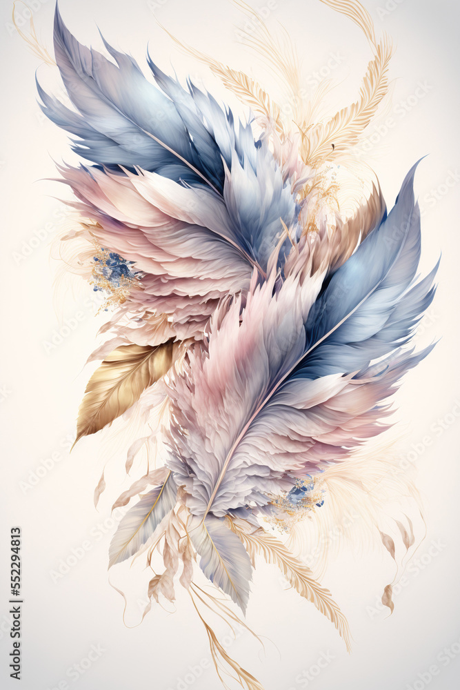 Abstract design with feathers in pastel colors for prints, postcards or ...