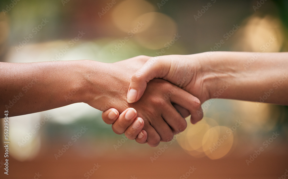 Handshake, closeup and partnership for contract, agreement and teamwork ...