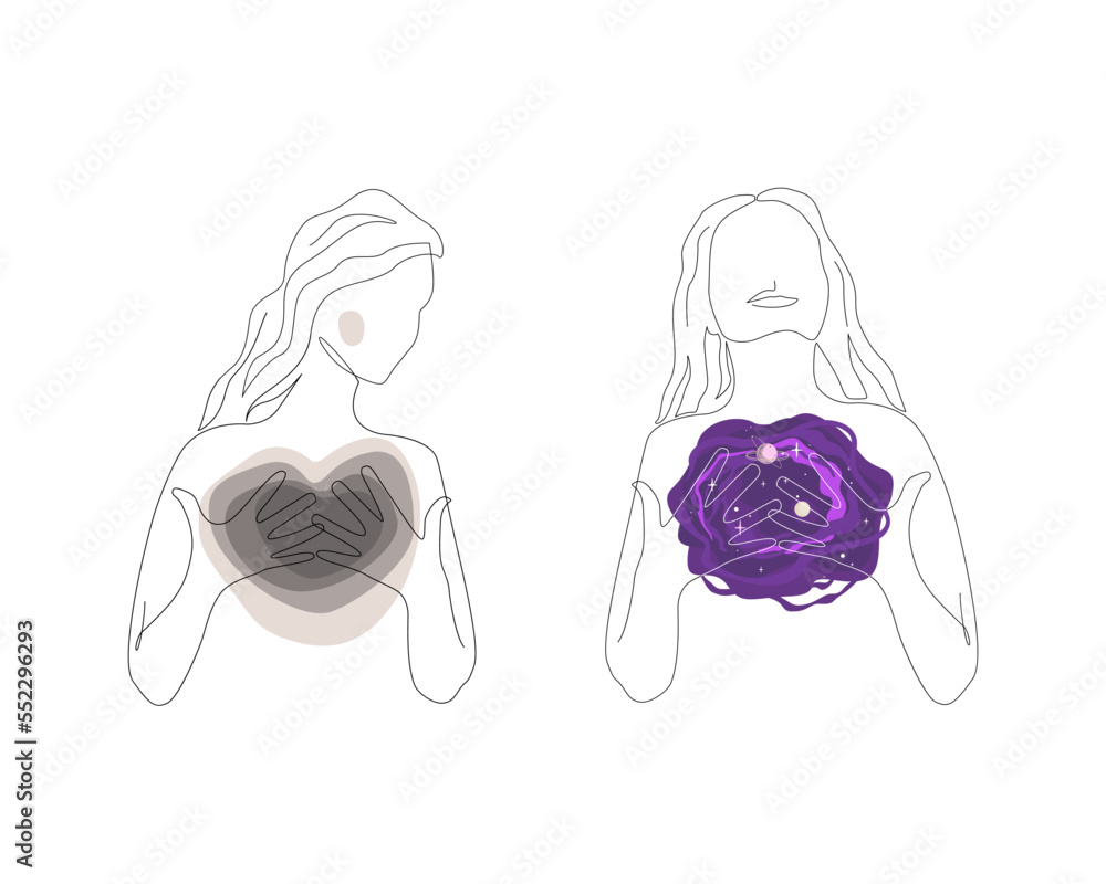 Depressed woman with emptiness inside and happy woman with an outer ...