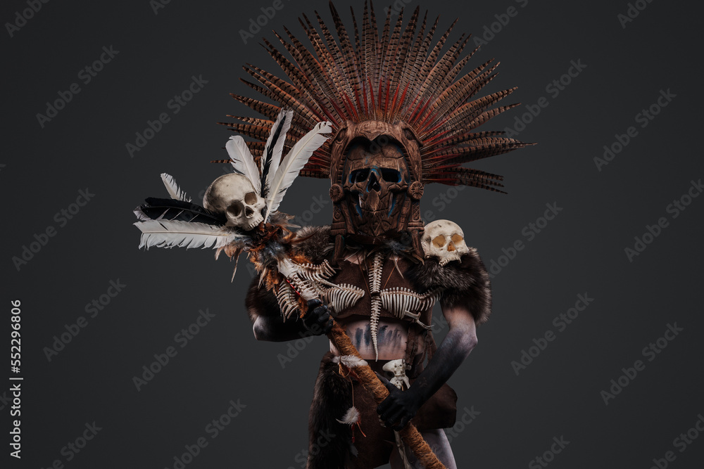 Studio shot of ancient shaman woman with painted body and plumed ...