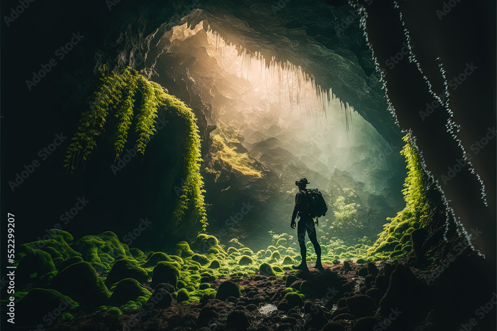 An explorer caver standing inside of a grand cave. The large cave has ...