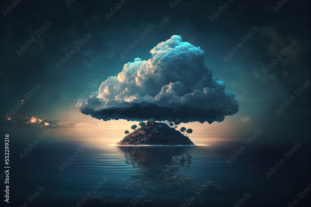 An island and a huge cloud float on the placid waters of the ocean at ...