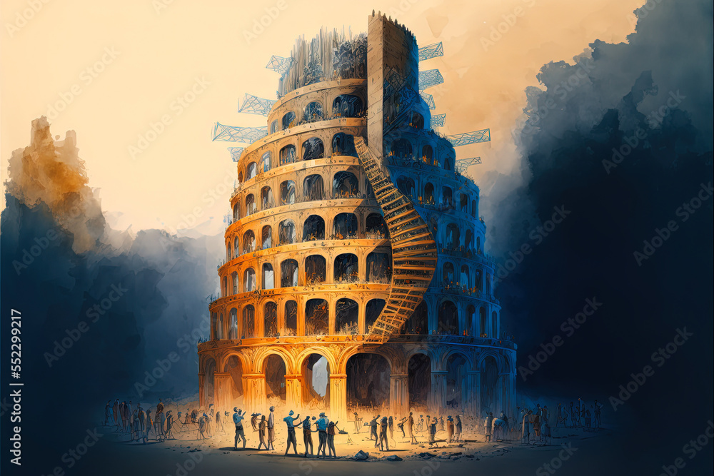 The construction of the Tower of Babel. Digital concept art featuring a ...