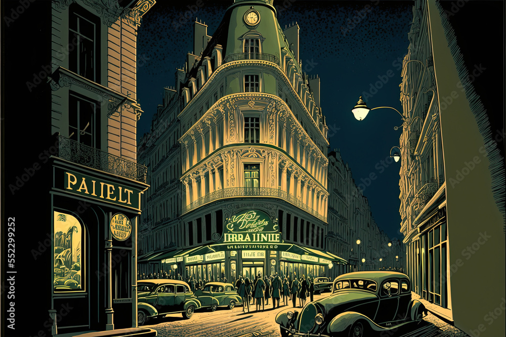 France in the 1920's at night. Vintage streets with crowds of people ...