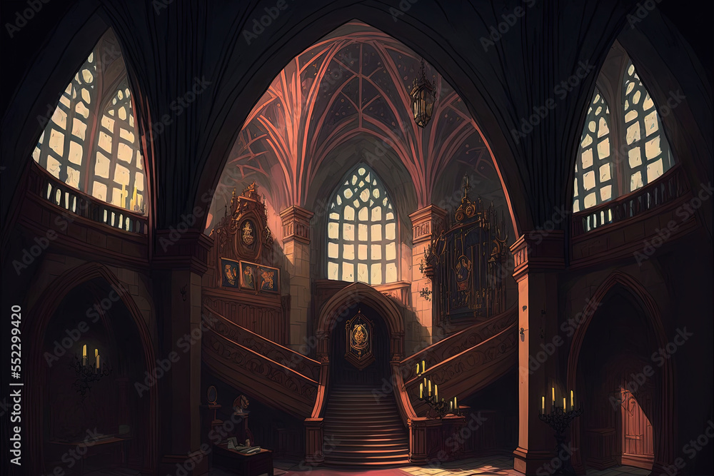 Cartoon style illustration featuring the interior of a medieval castle ...
