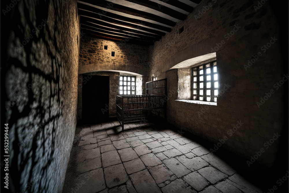 Concept art of a medieval prison cell interior, featuring stone walls ...