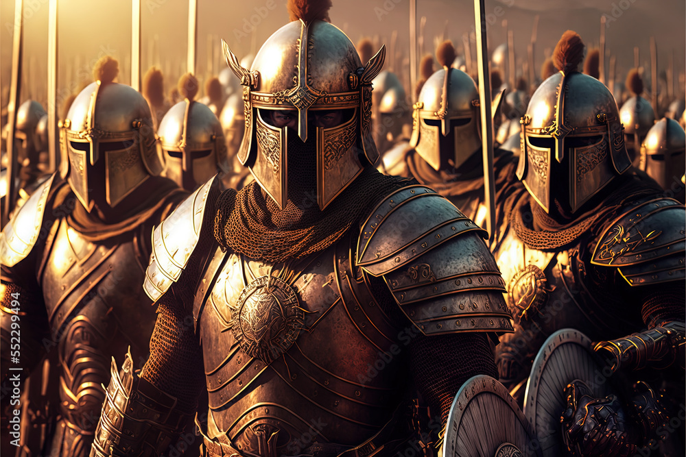 Medieval warriors wearing metal armour and helmets, holding spears and standing in formation ...