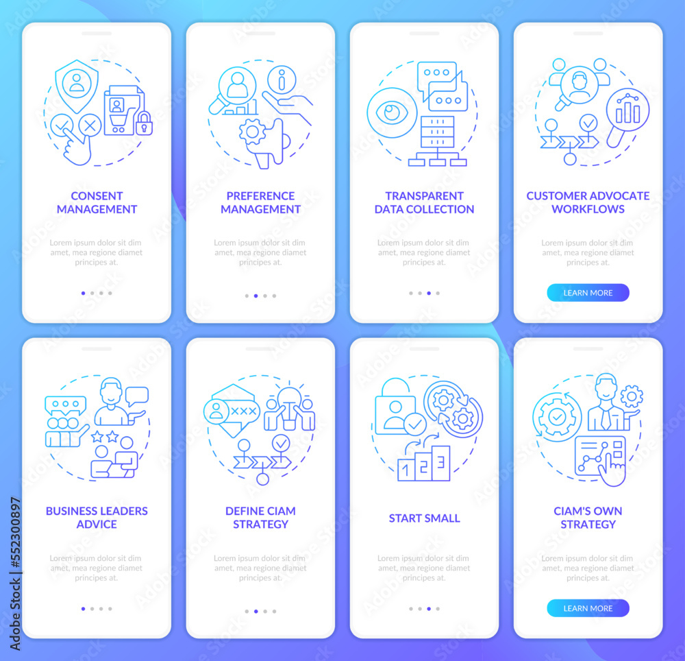 Ciam Strategy Blue Gradient Onboarding Mobile App Screen Set Walkthrough 5 Steps Graphic