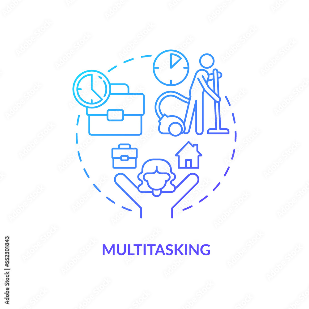 Multitasking blue gradient concept icon. Self employment. Family ...