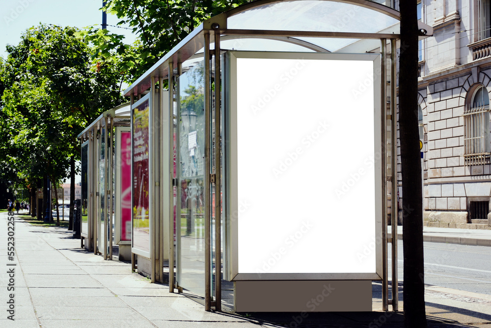 bus shelter at a busstop. glass and steel frame structure. blank white ...