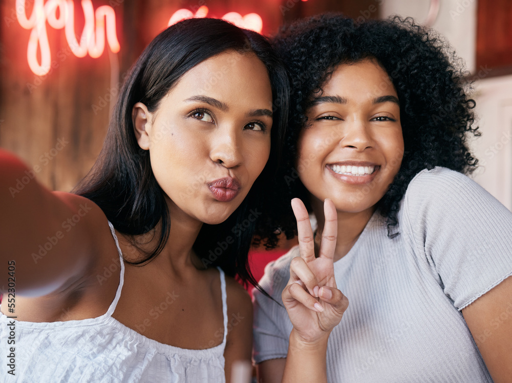 Black women, peace and sign with selfie in cafe, celebrate and party ...
