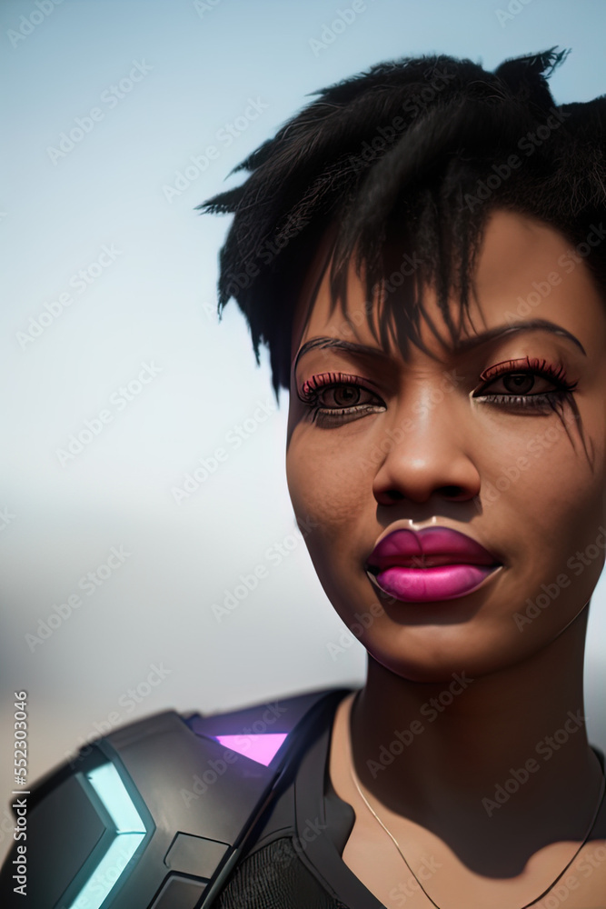 3D Rendered portrait black female cyberpunk hacker tattoos colorful ...