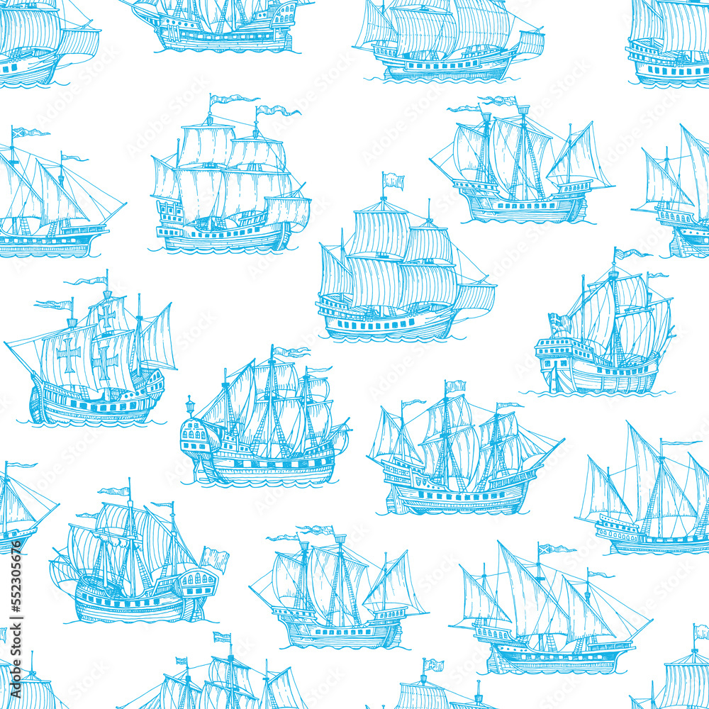 Sail ship, sailboat, brigantine seamless pattern. Wallpaper and textile ...