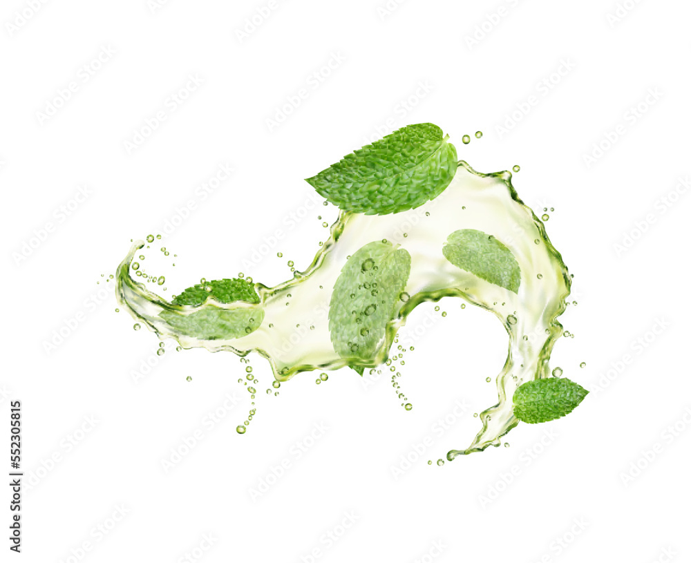 Green herbal tea wave splash and flow with mint leaves. Transparent ...