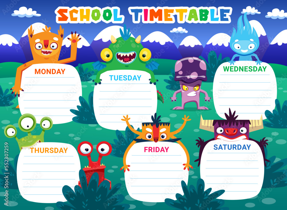Education timetable schedule monster characters. Vector school weekly ...