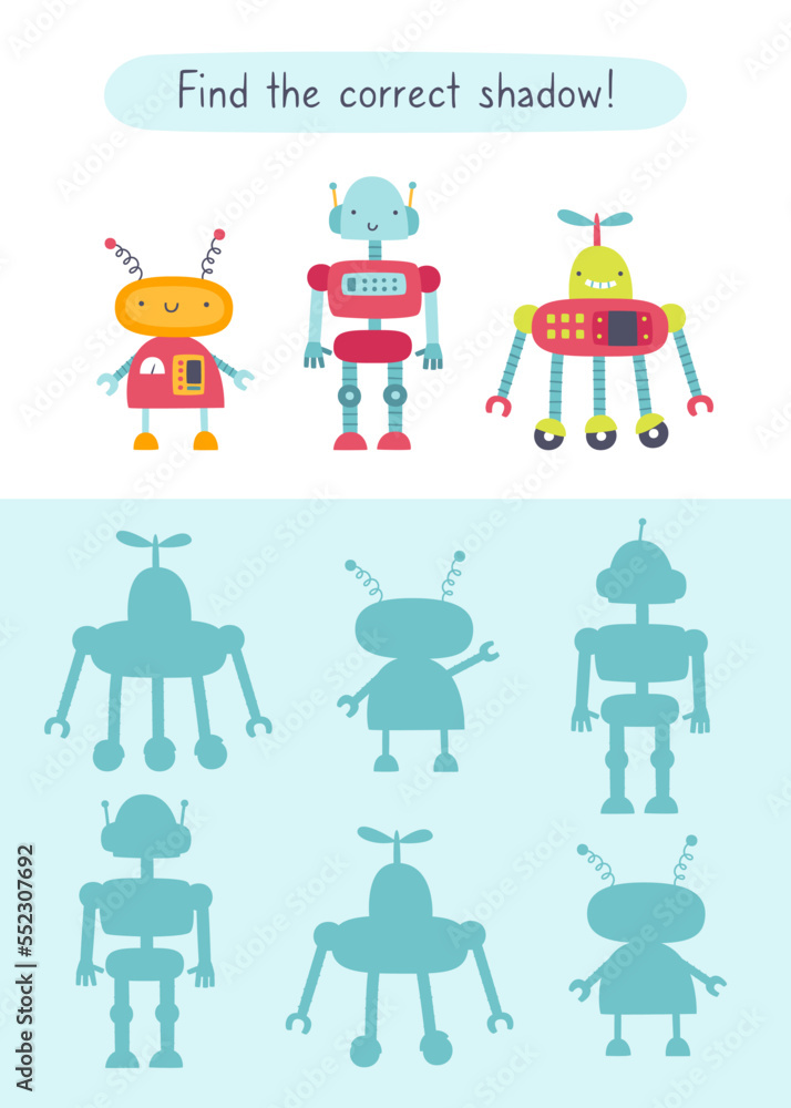 Mini game with cute robots for kids. Find the correct shadow of cartoon ...