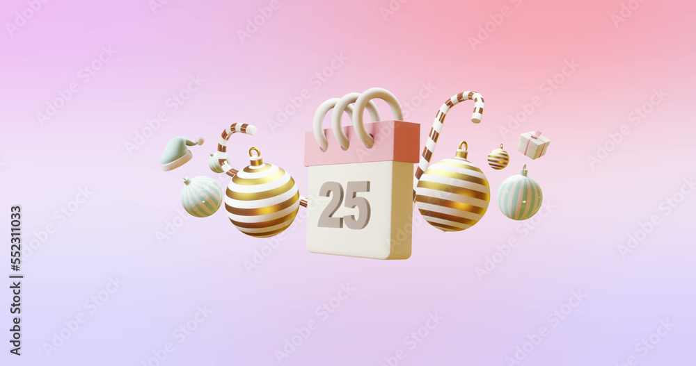 Image of calendar with numer 25 and christmas decorations on pink ...