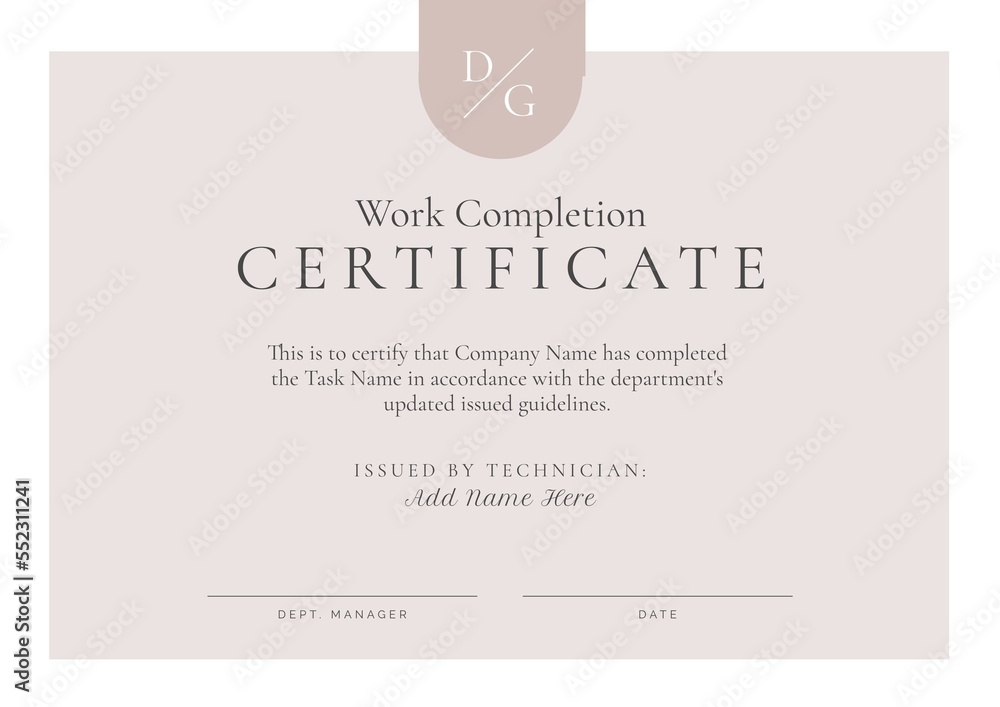 Image of template of work completion certificate on beige background ...