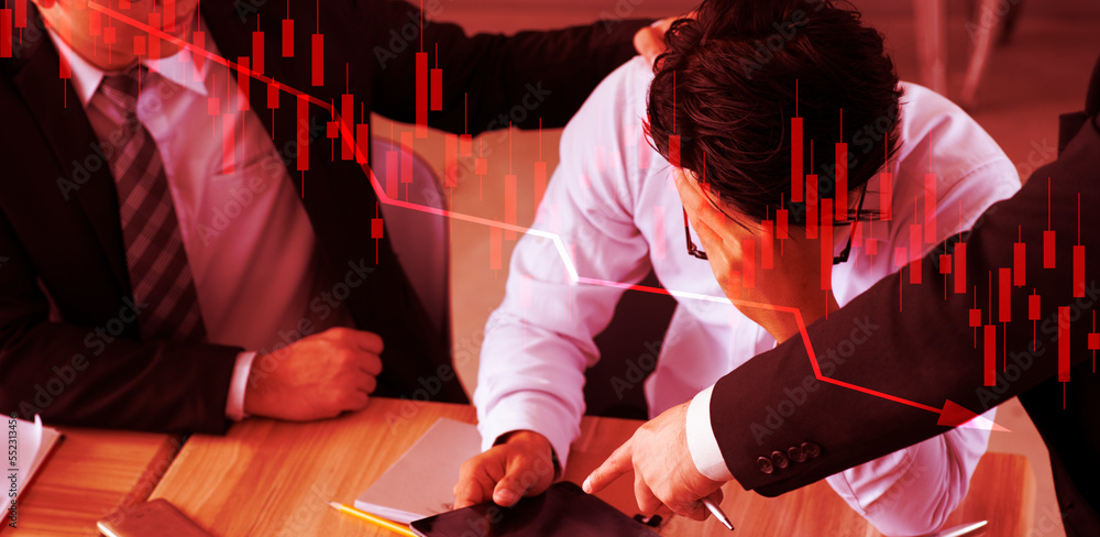 Red theme group business man shocked by bankruptcy stock downfall ...