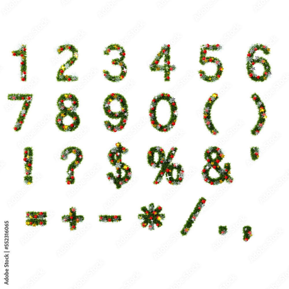 Beautiful christmas wreath like font set of numbers and symbols ...