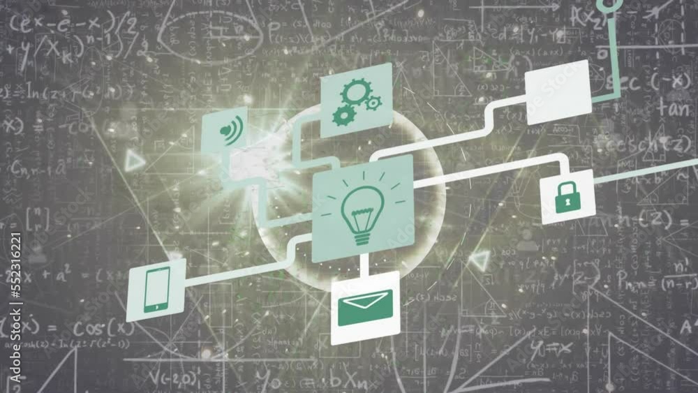 Animation of flow chart of icons, globe and lens flare over ...
