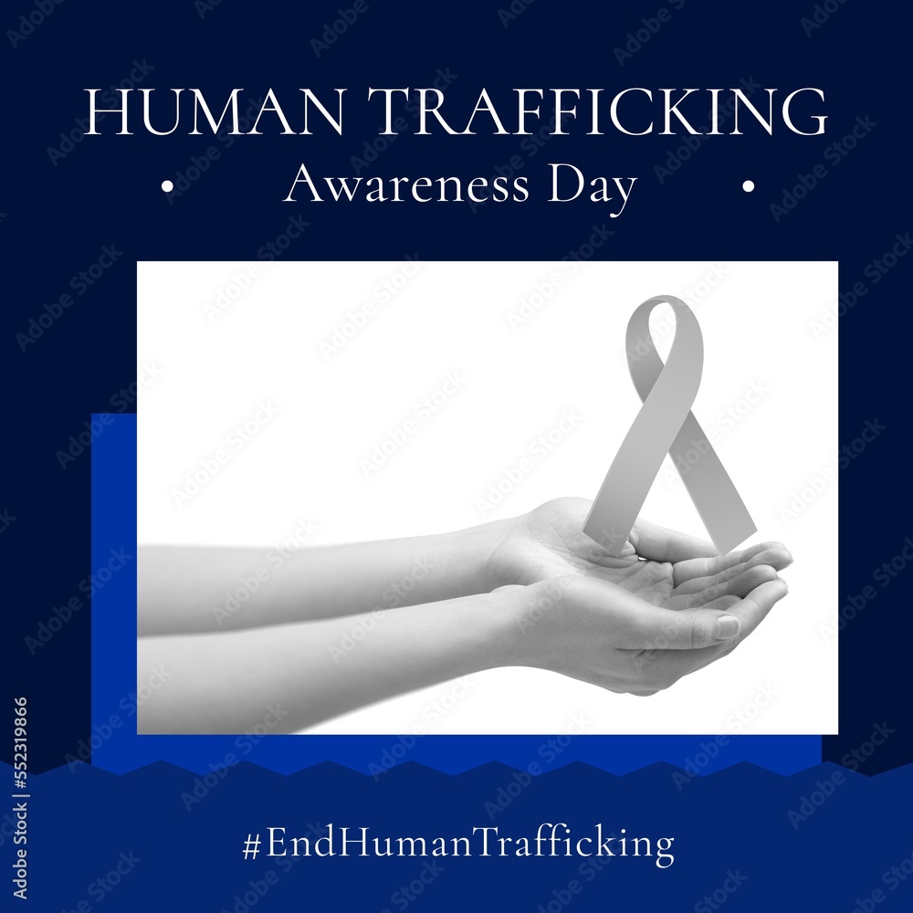 Human trafficking awareness day over navy background, ribbon and hands ...