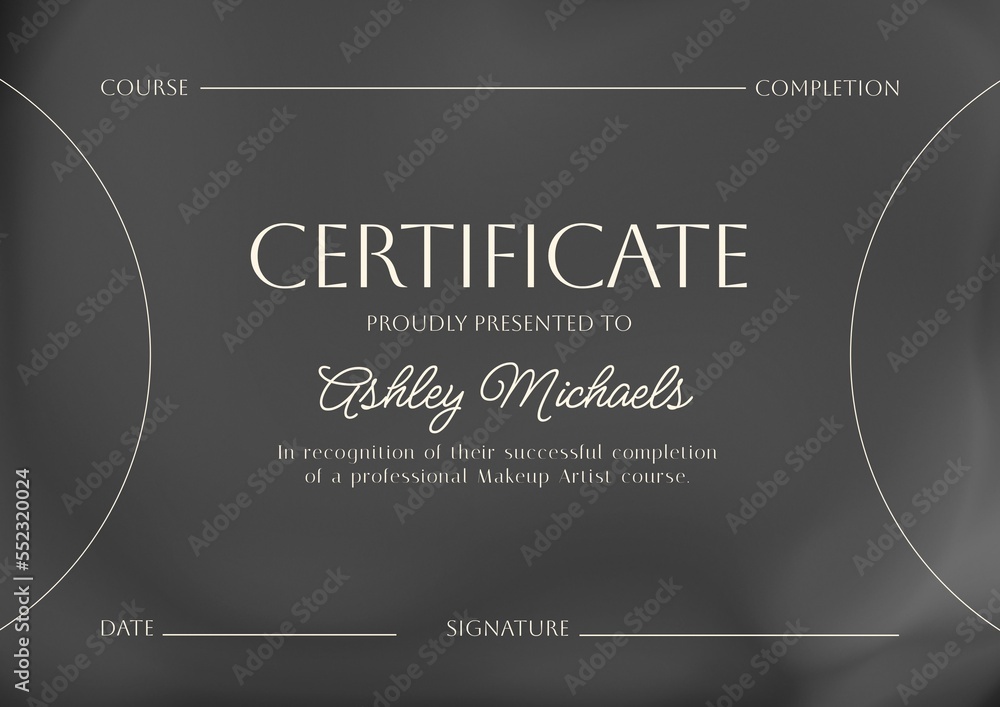 Composition of course completion certificate text over grey background ...