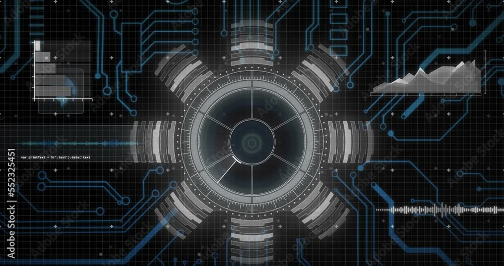 Animation of motherboard and circular scanner processing data on interface with black background ...