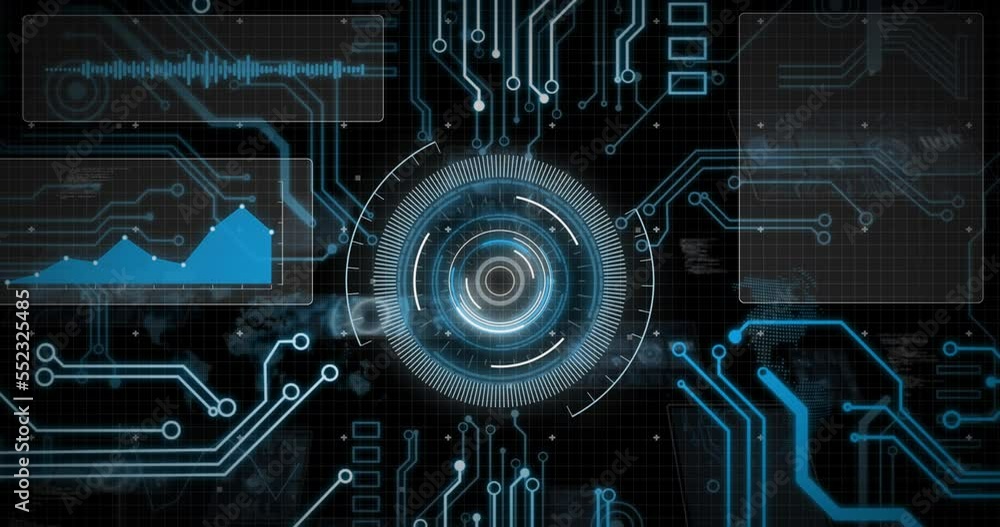 Animation of motherboard and circular scanner processing data on interface with black background ...