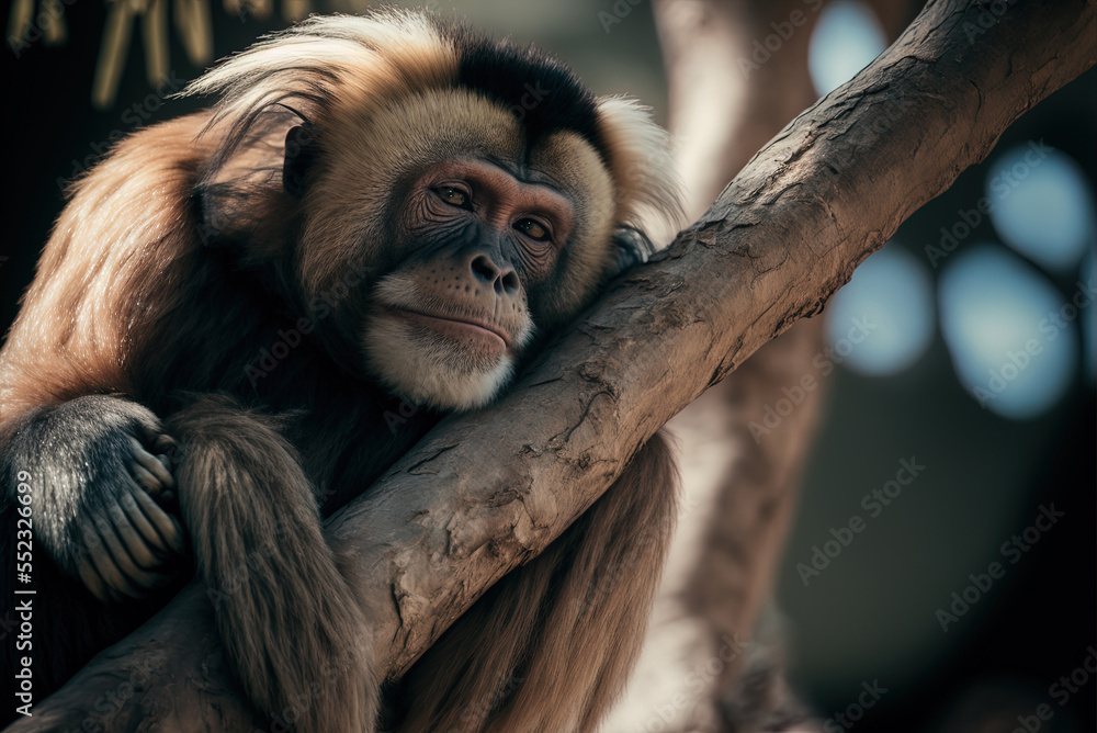 Image of a brown-haired monkey, seen up close, lying on a secluded tree ...