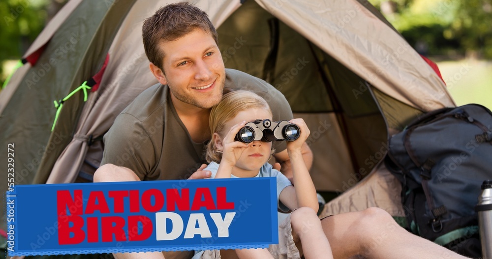 Composite of caucasian father and daughter looking through binoculars ...