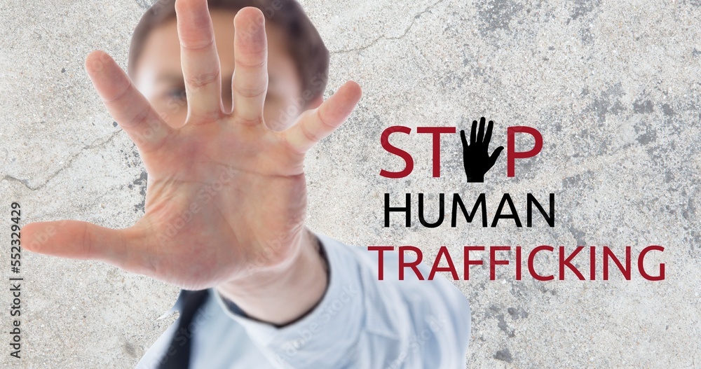 Composite of stop human trafficking text and caucasian woman showing ...