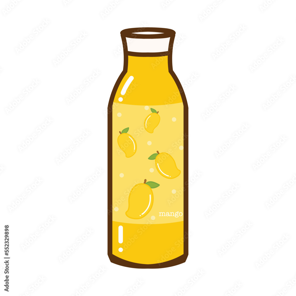 Bottle of mango juice. Hand drawn flat vector illustration isolated on ...