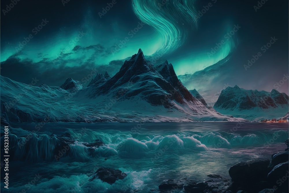 paysage avec aurores boréales dans le ciel Stock Illustration | Adobe Stock