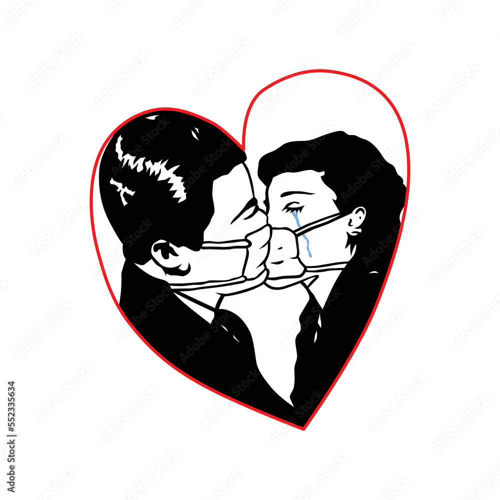 stylized image of a masked man and woman kissing.elements are inscribed ...