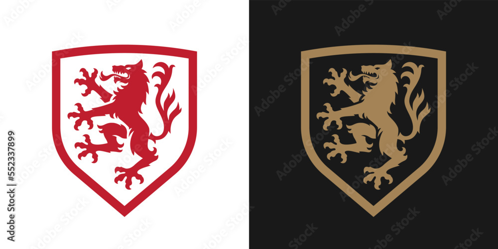 Heraldic wolf logo design. Vintage wolf shield icon. Medieval Direwolf ...