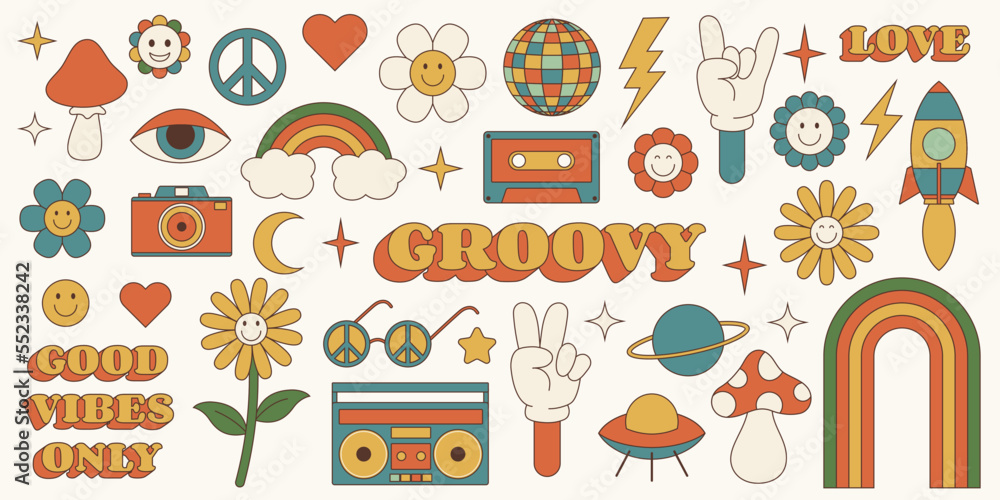 Retro Groovy 70s stickers set. Vintage hippy style collection. Stock ...