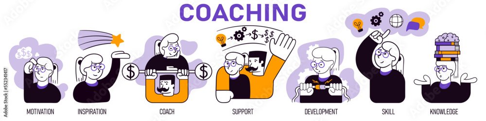 Coaching. Vector illustration. Set of business icons of coaching ...