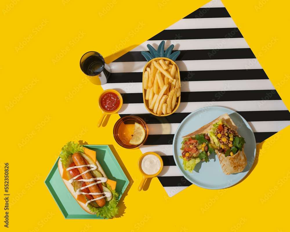 Fast food banner with french fries, shawarma and hot dog with different ...