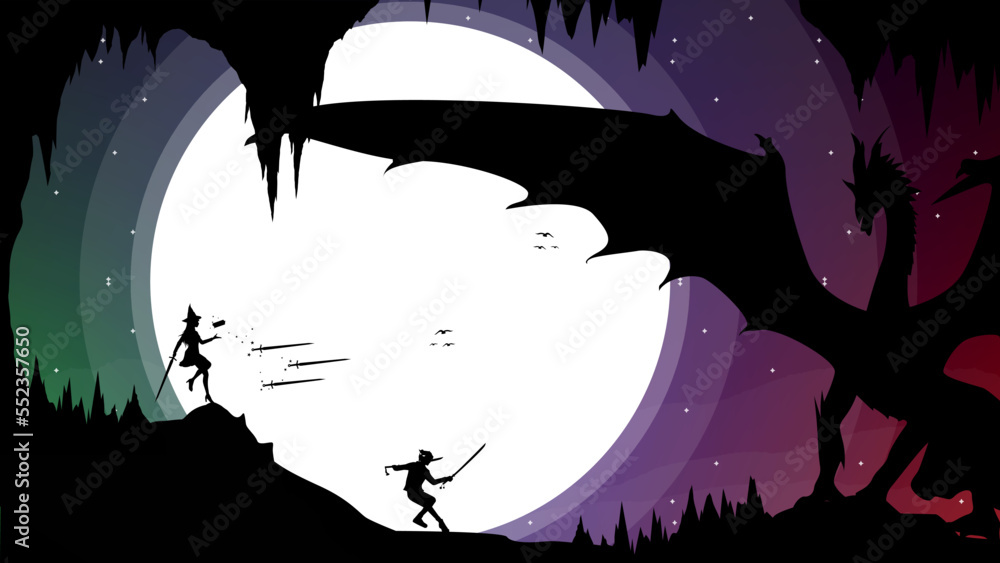 witch versus dragon illustration. floating witch with magic book in ...