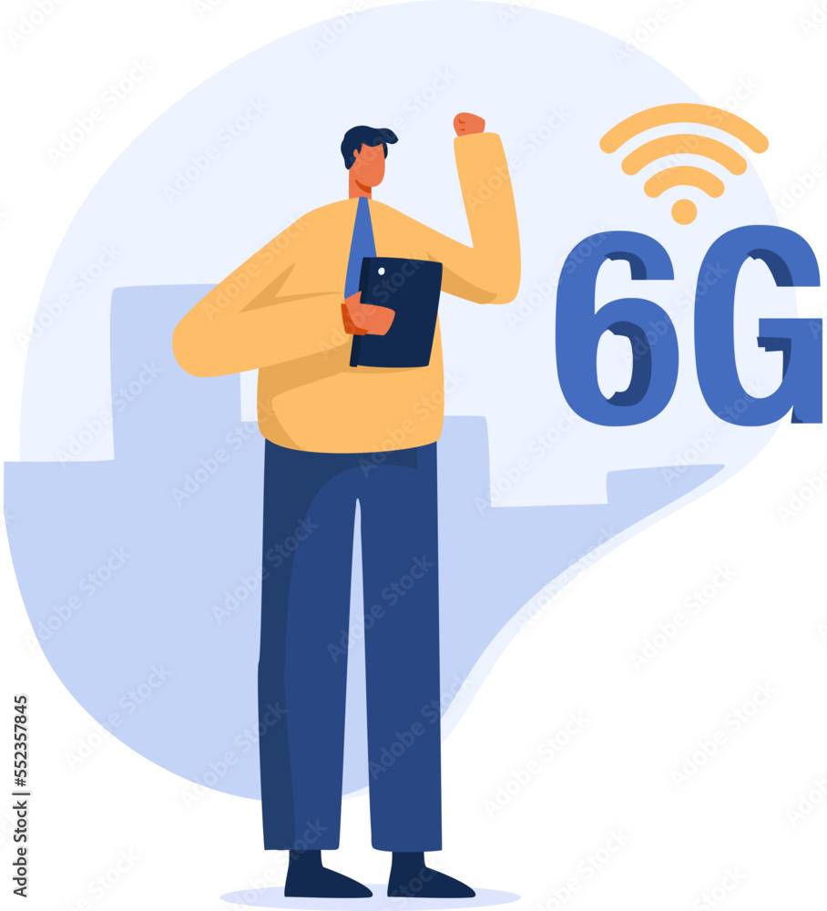 Young people carrying heavy 6g symbol. High speed internet network ...