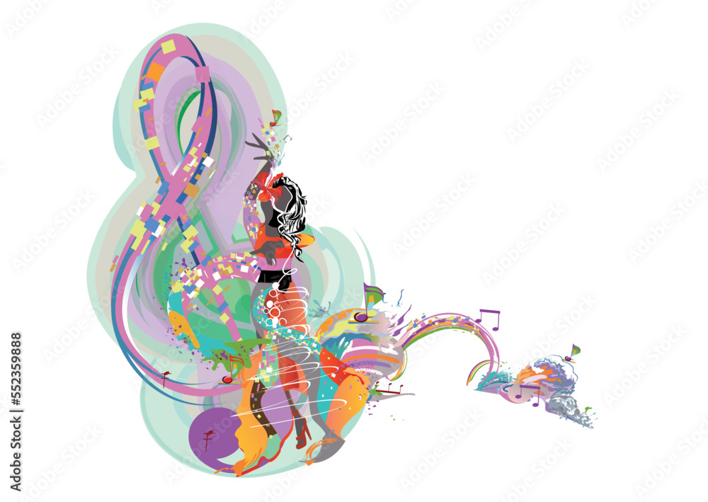 Abstract colorful musical design with musicians, treble clefs and ...