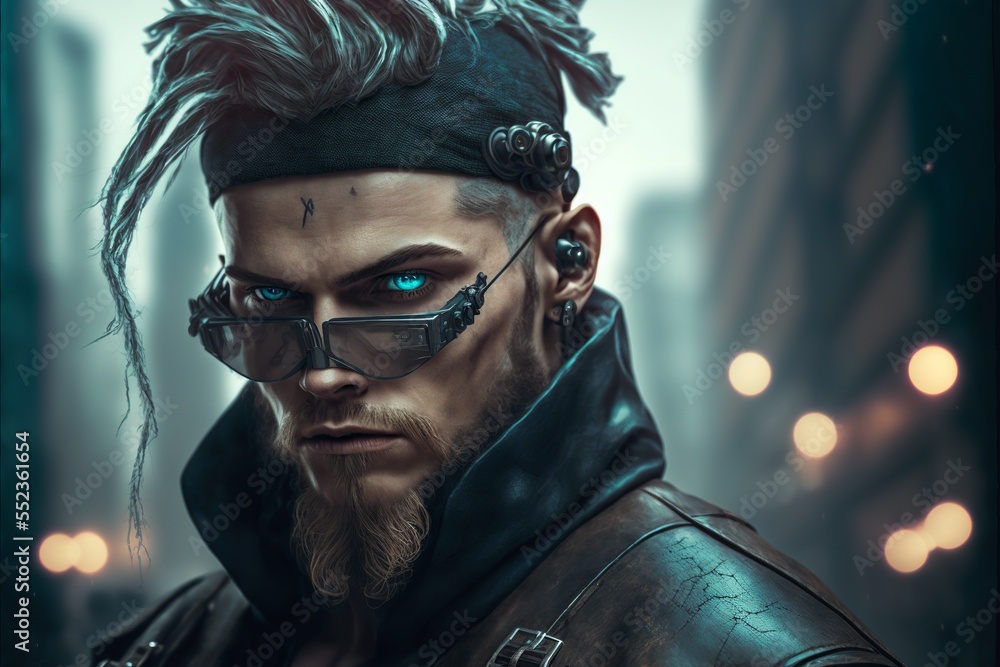 A handsome cyberpunk hacker using his cybernetic implants in the ...
