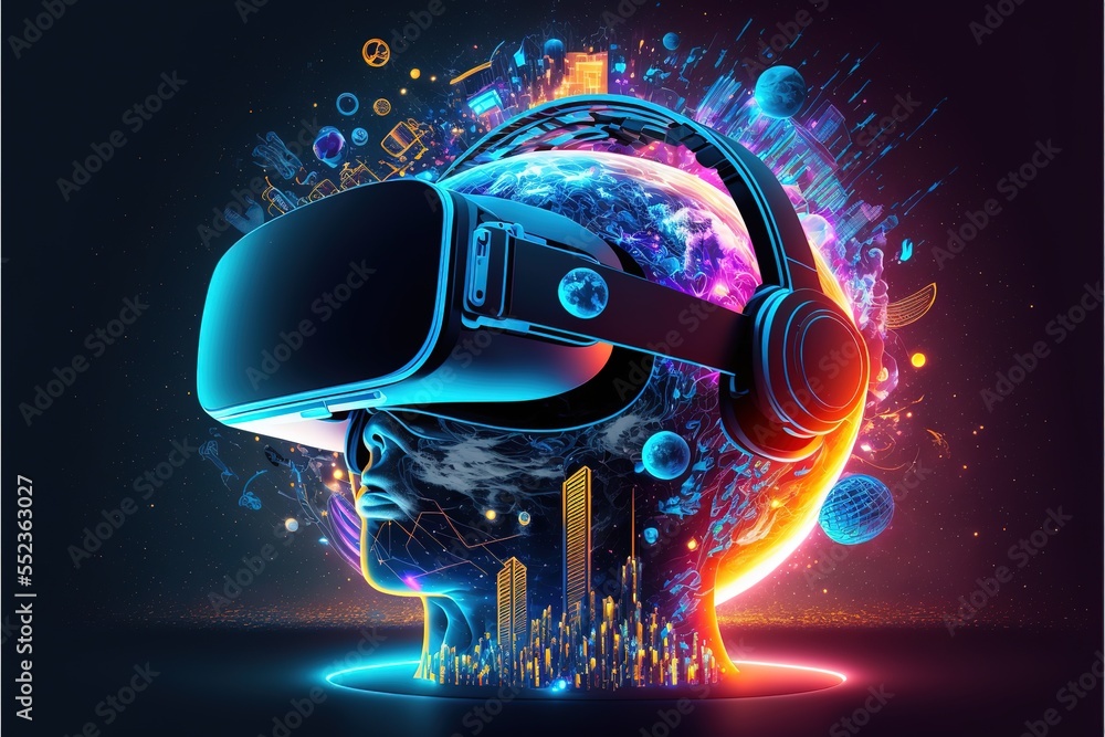 Metaverse concept and virtual world elements. Silhouette of a human ...