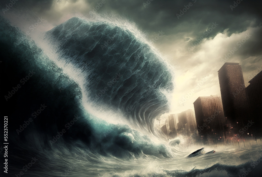 Apocalyptic Tsunami Wave, Huge Wave Sweeping a City, 3D Illustration ...