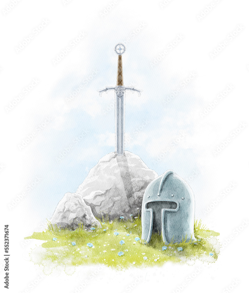 Watercolor sword in stone and armor on the green grass meadow isolated ...