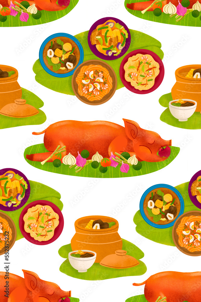 Filipino lechon roasted pig, pansit bihon, pansit malabon, pinakbet ...